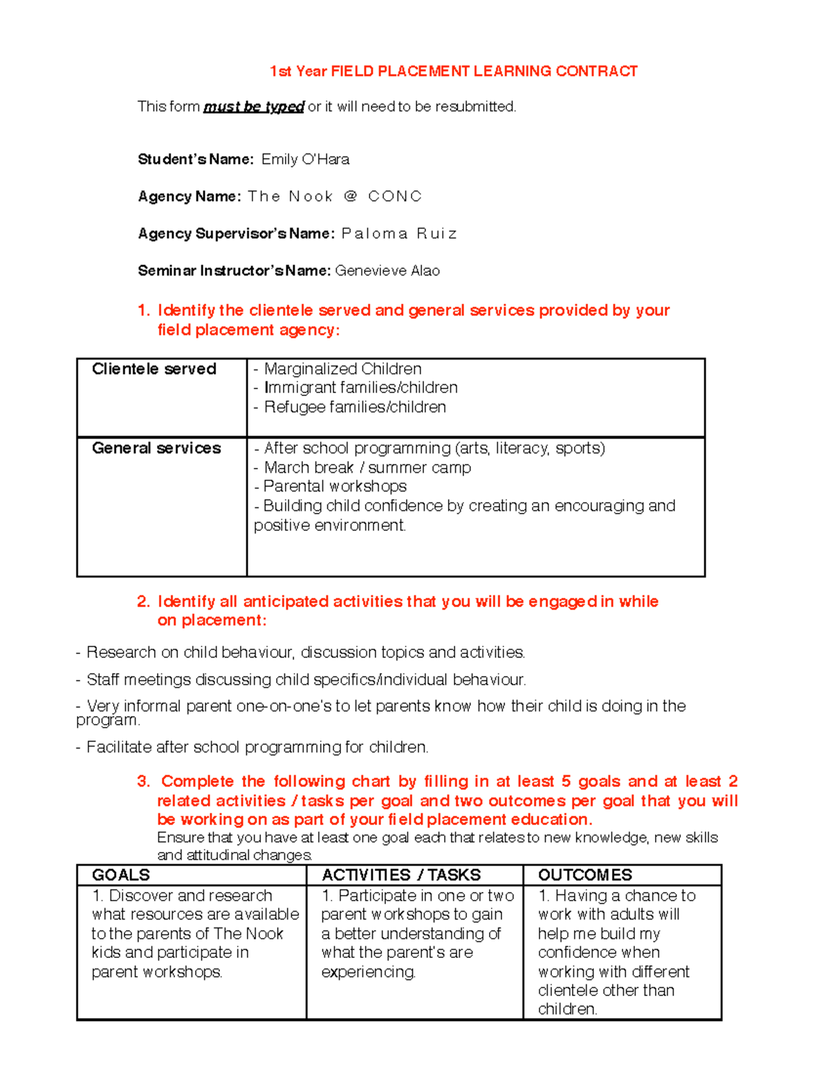 1st Year Learning Contract - 1st Year FIELD PLACEMENT LEARNING CONTRACT ...