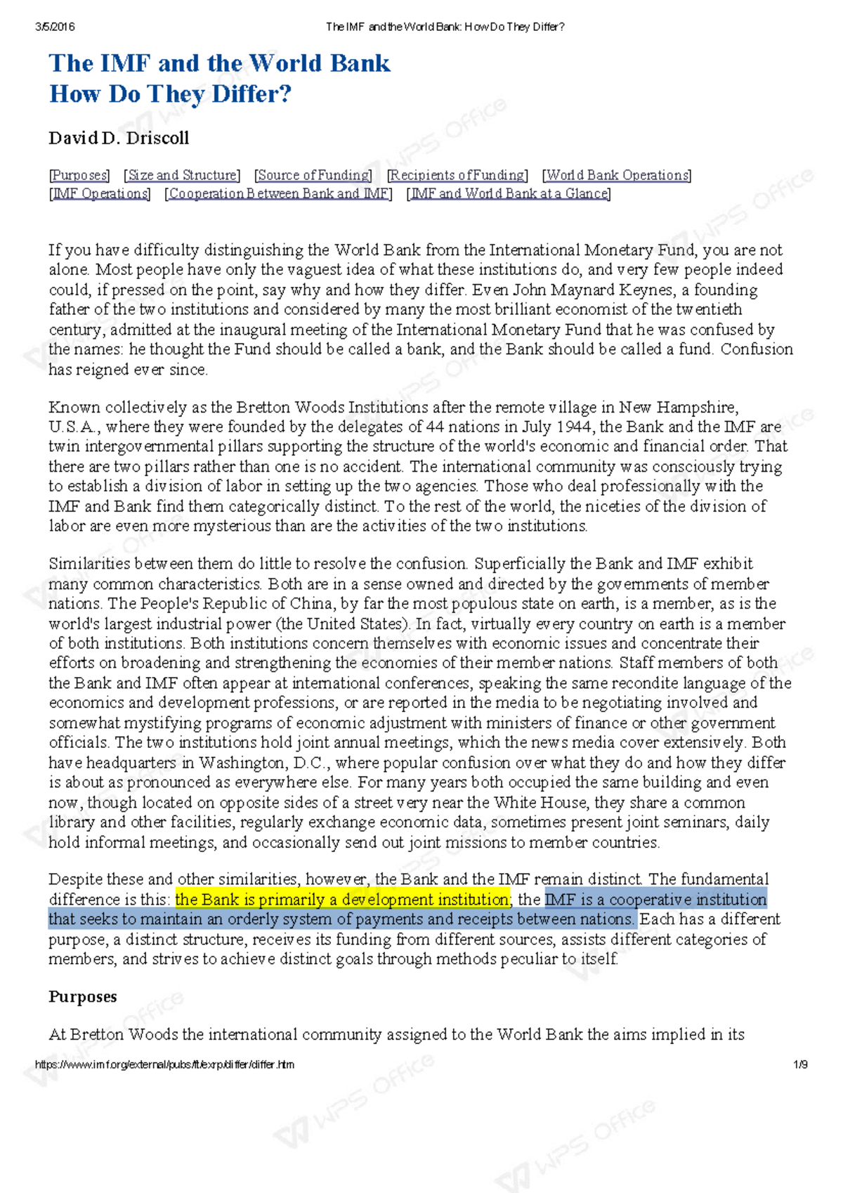 IMF, WB - The IMF and the World Bank How Do They Differ? David D ...