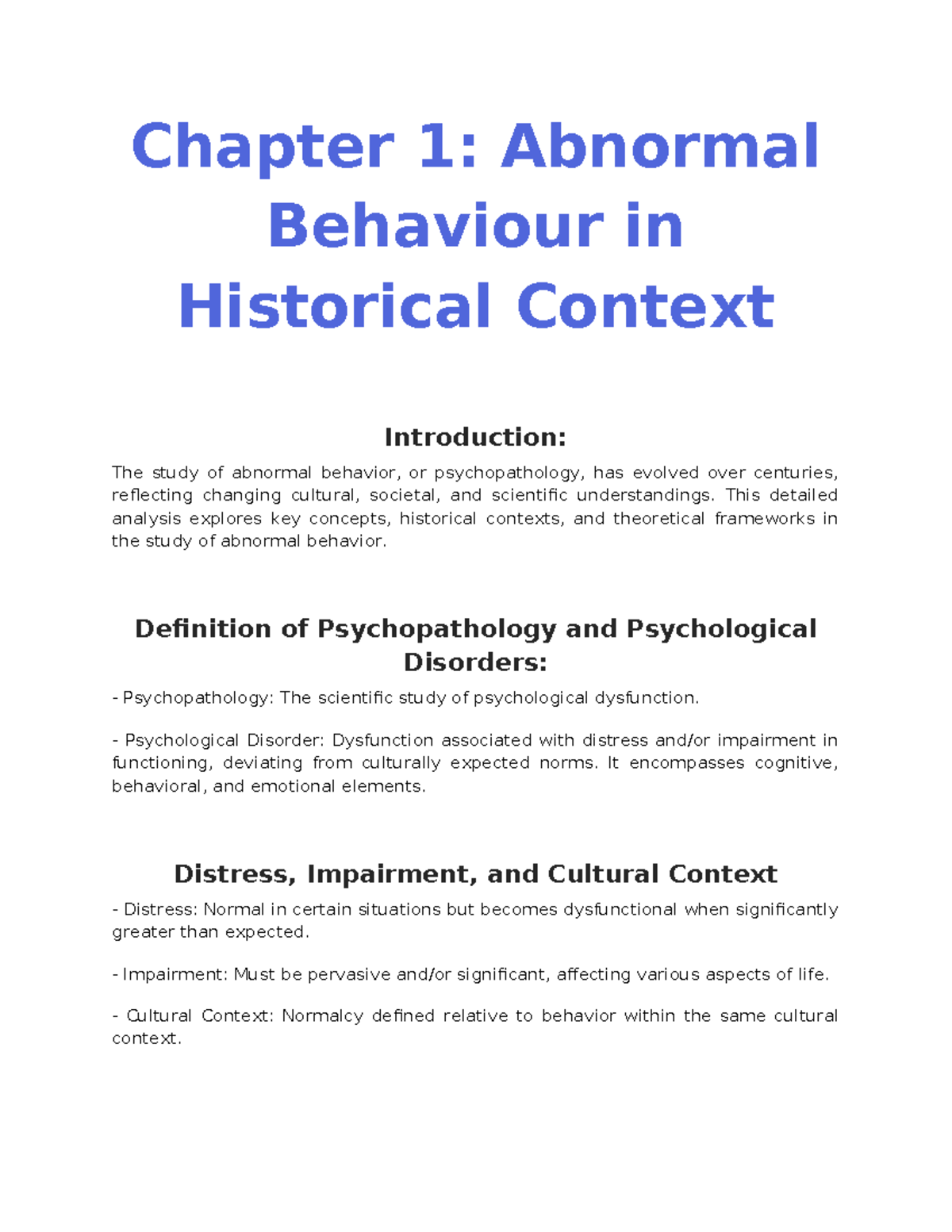 Study Notes Abnormal Behaviour in Historical Context - Chapter 1 ...