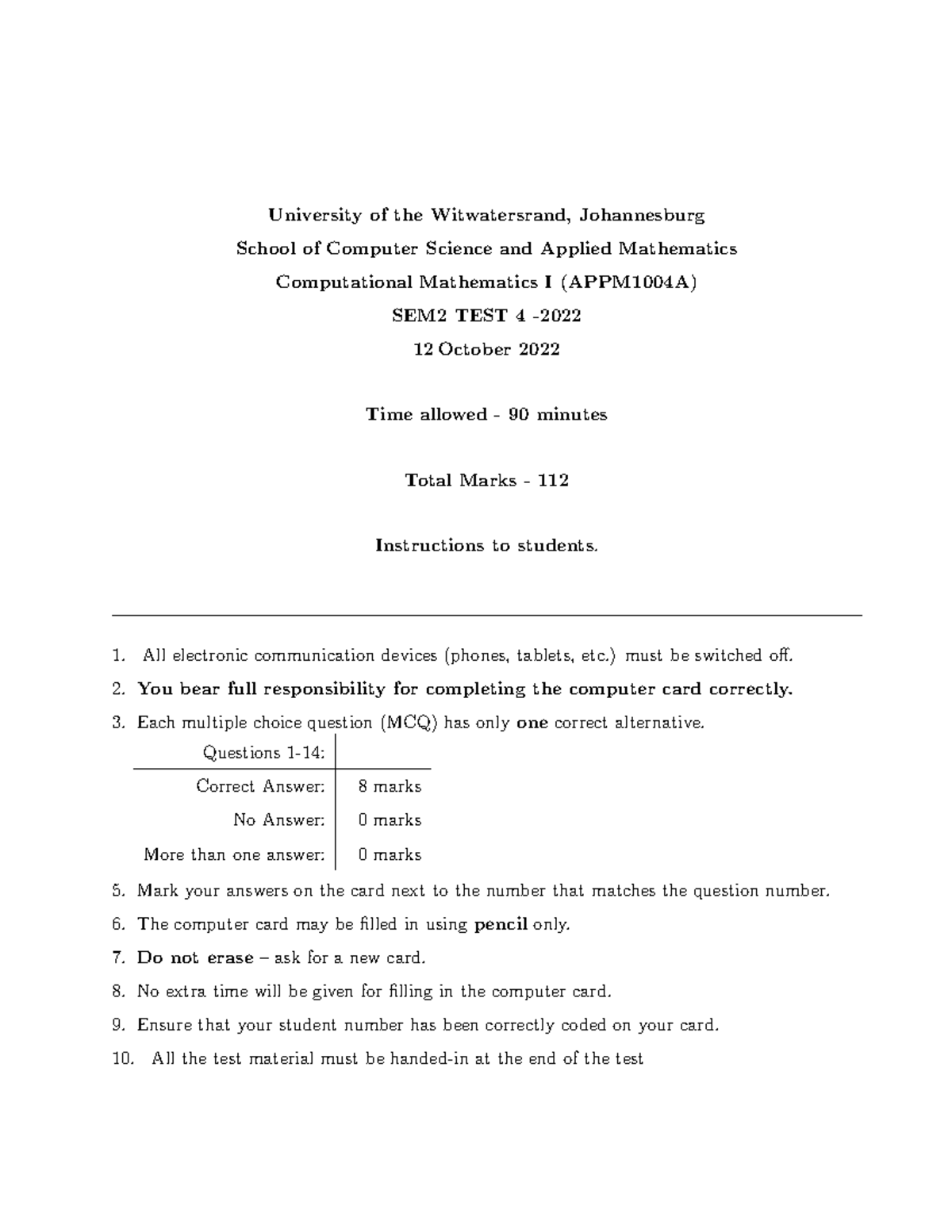 Test 4 2024 past paper - University of the Witwatersrand, Johannesburg ...