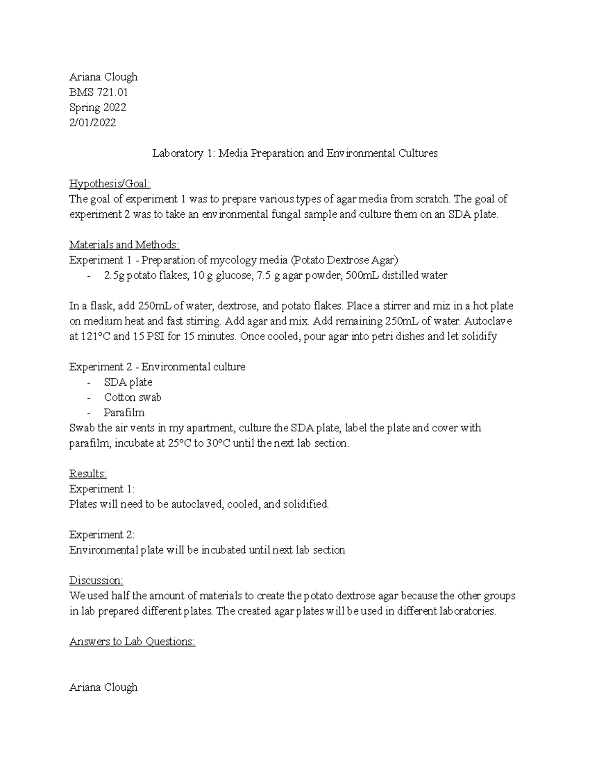 MPV lab notebook - Ariana Clough BMS 721. Spring 2022 2/01/ Laboratory ...