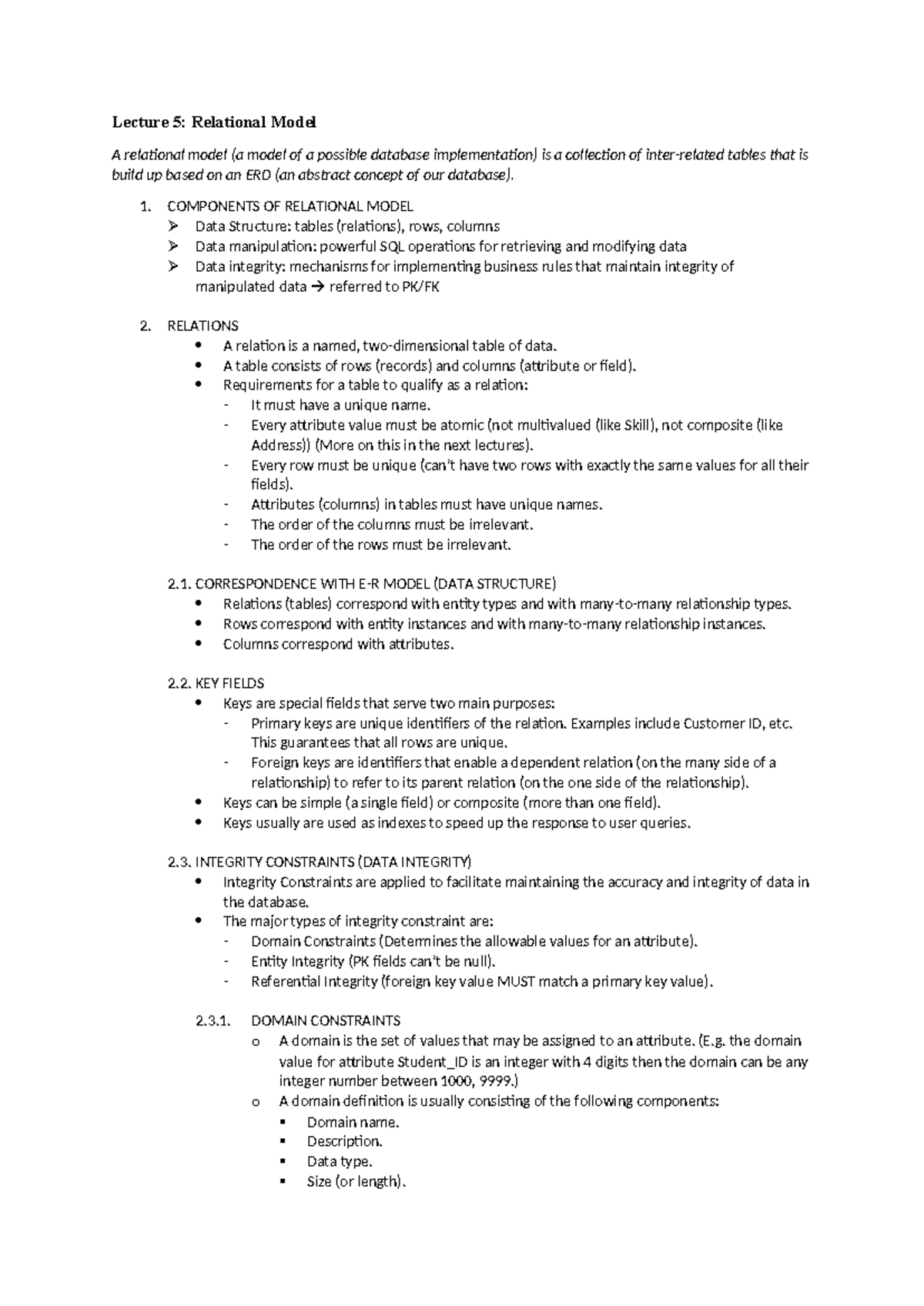 Lecture 5 - Lecture 5: Relational Model A relational model (a model of ...