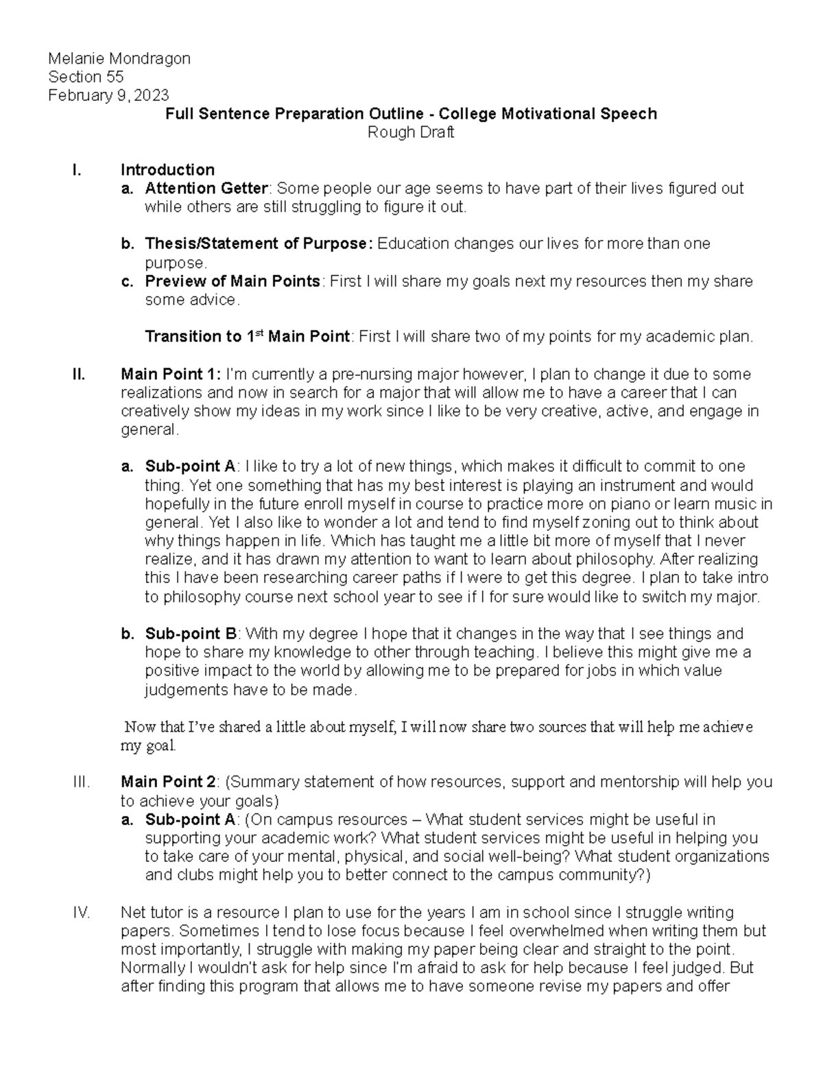 COMM 1100 Preparation Outline Template College Motivational Speech ...