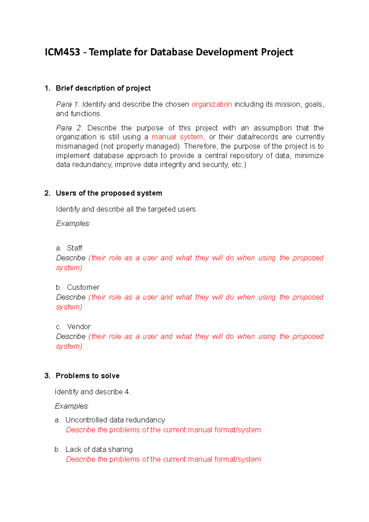 ICM453 - Template for Database Development Project - Brief description of project Para 1 ...