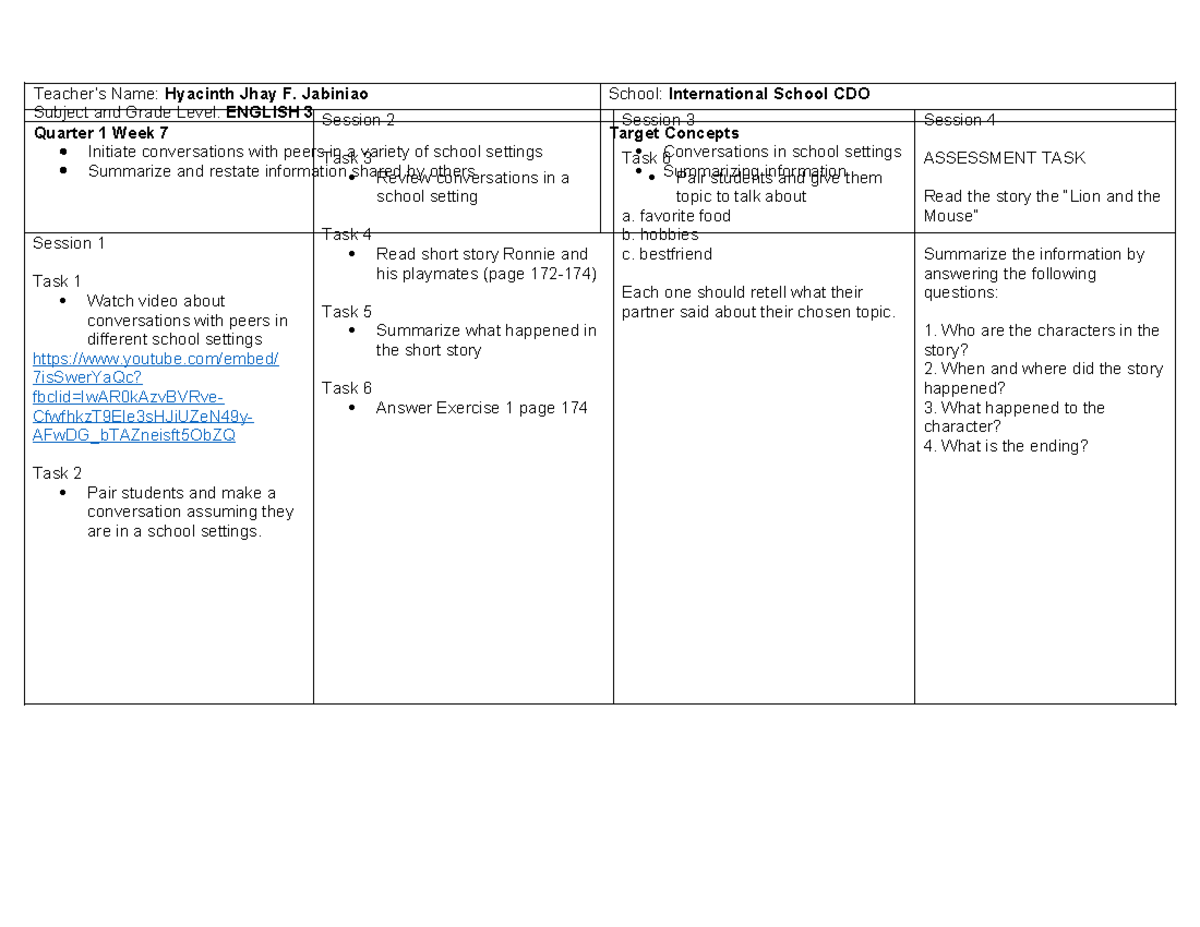Grade 3 Lesson Plan English Quarter 1 Week 7 - Session 1 Task 1 Watch ...