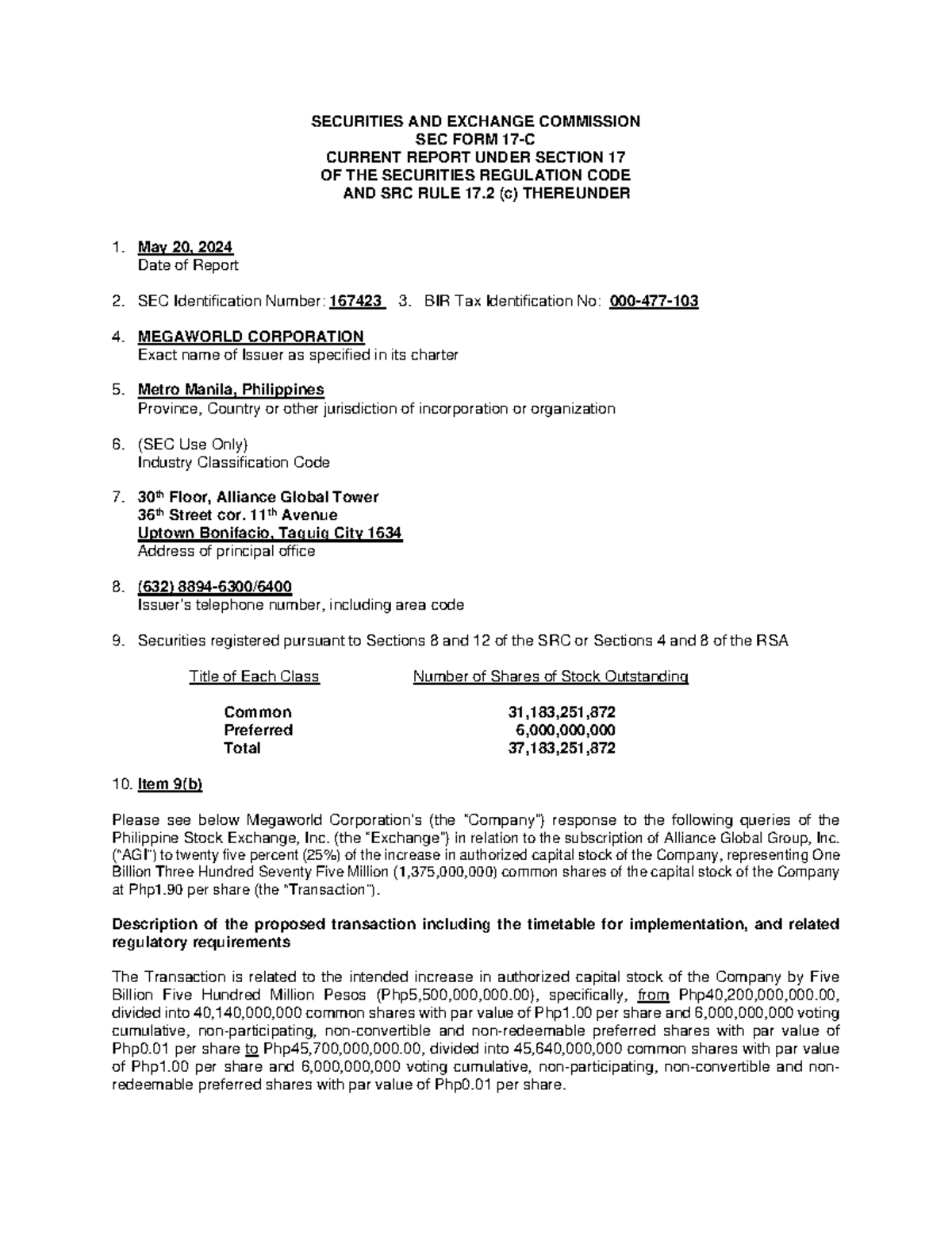May 20, 2024 MEG SEC Form 17-C AGI Subscription Response to PSE Queries ...