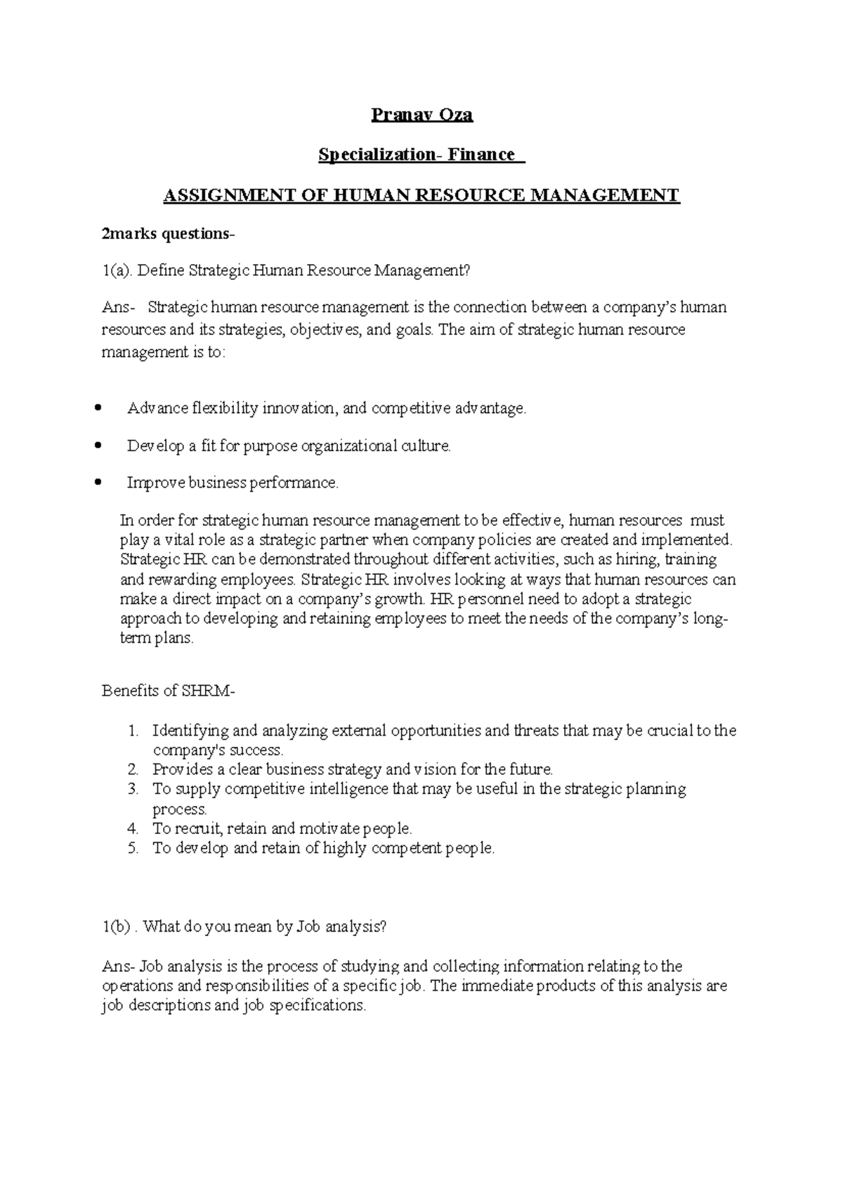 Human Resource Management - Pranav Oza Specialization- Finance ...