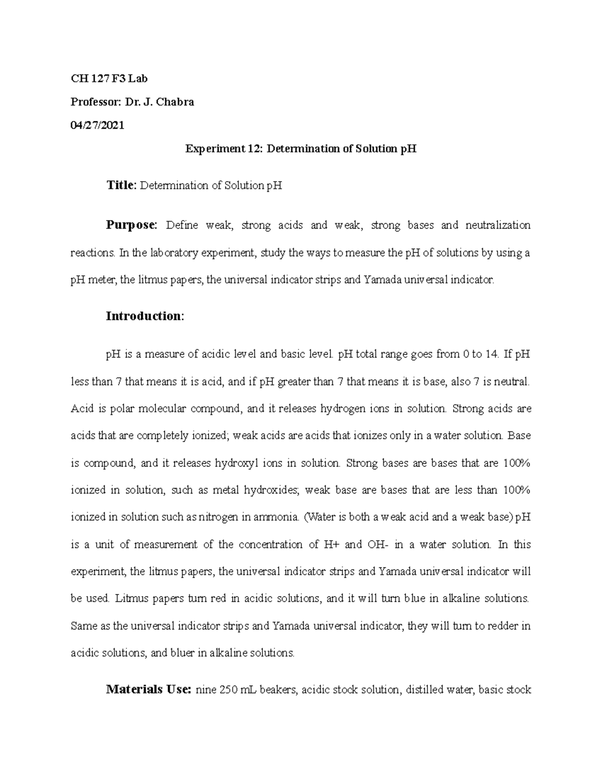 Experiment 12 Determination of Solution p H - CH 127 F3 Lab Professor ...
