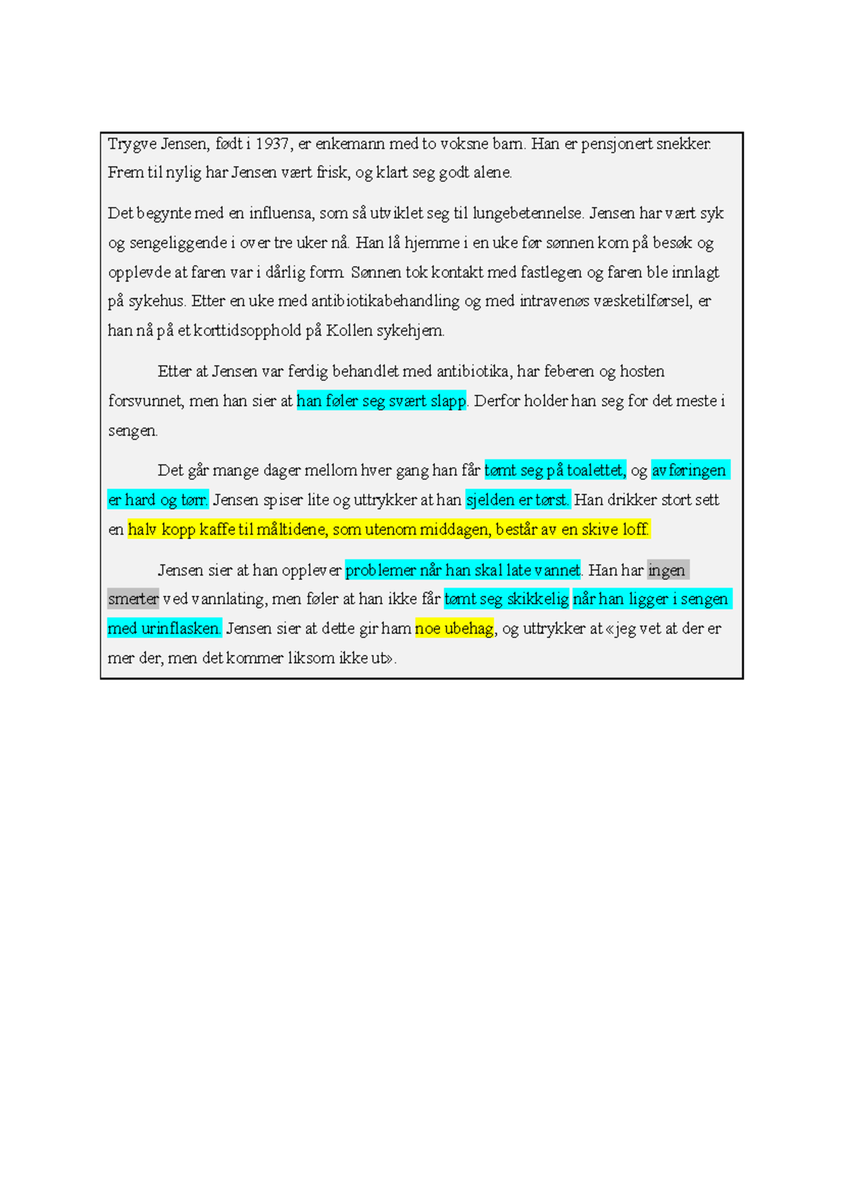 08 Eliminasjon sykepleieprosessen seminar - Trygve Jensen, født i 1937, er enkemann med to ...