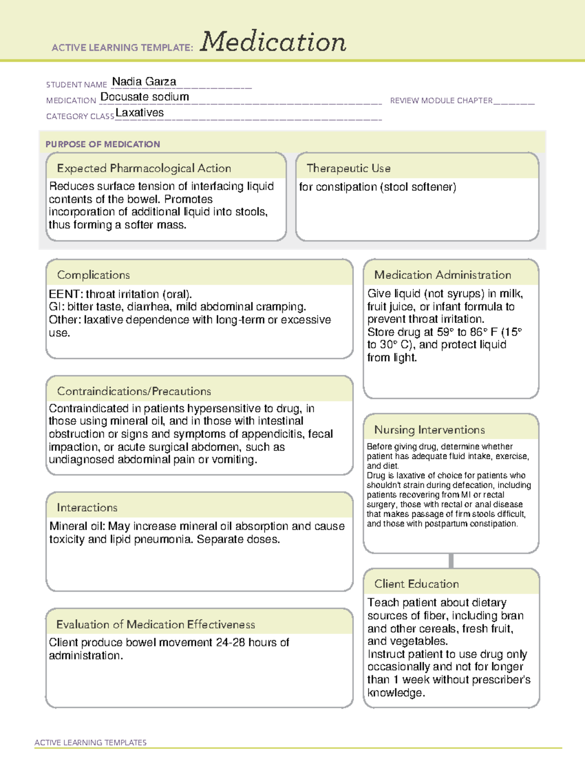 Docusate sodium med card - ACTIVE LEARNING TEMPLATES Medication STUDENT ...