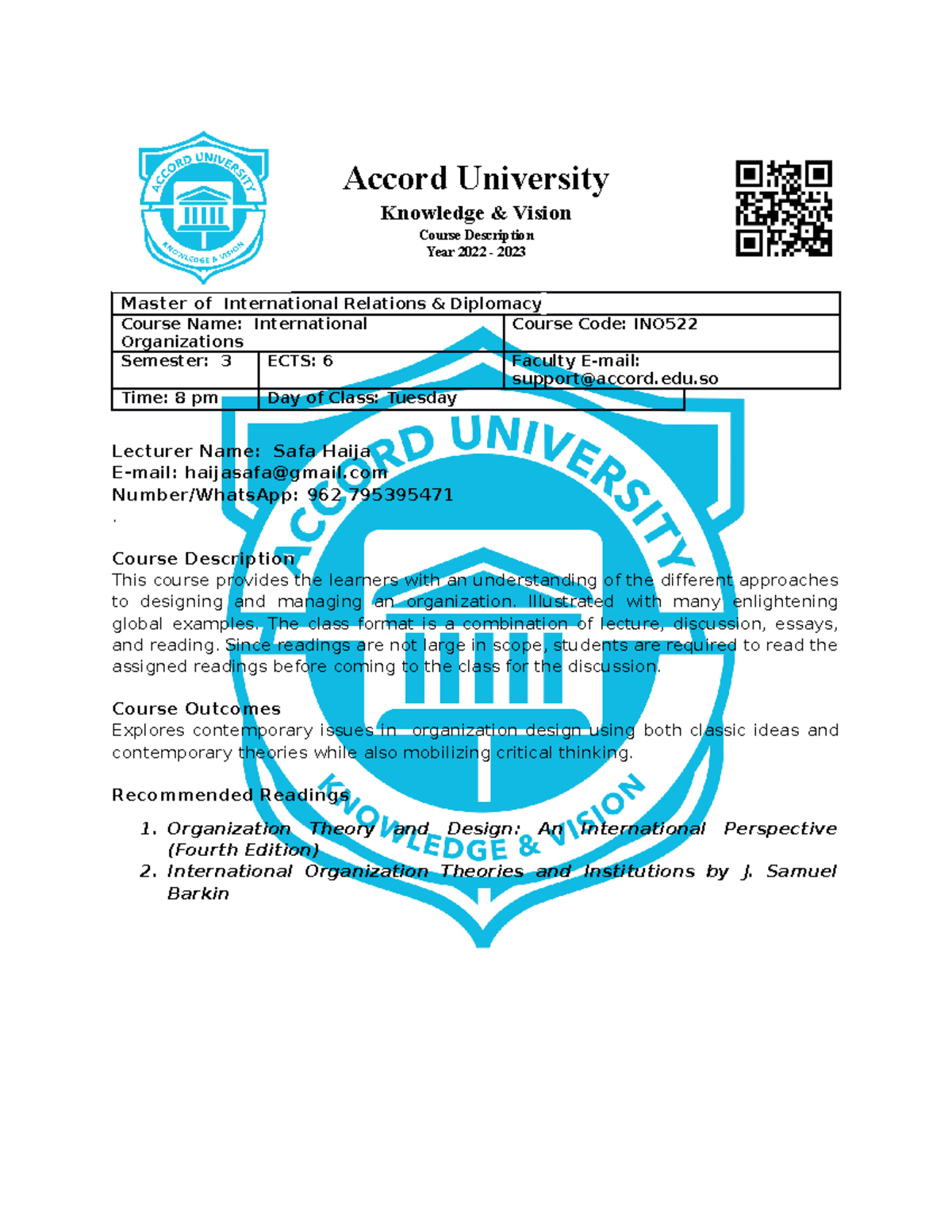 Course Description International Organzations July - Accord University ...