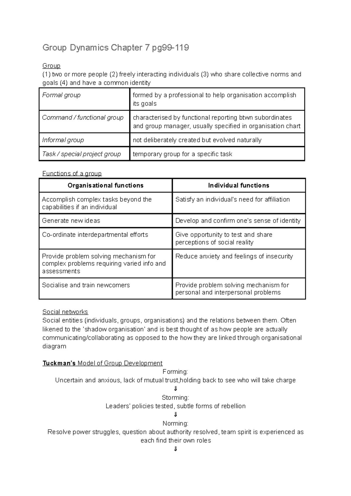W2 Teams and Groups - Group Dynamics Chapter 7 pg99- Group (1) two or ...
