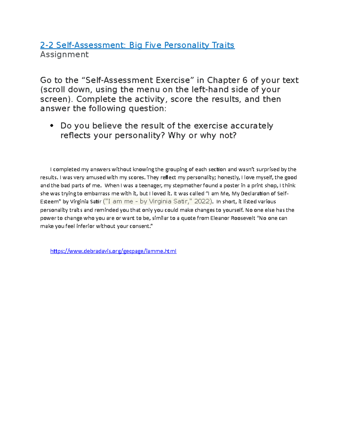 Week 2 - Self Assesment - Go to the “Self-Assessment Exercise” in ...