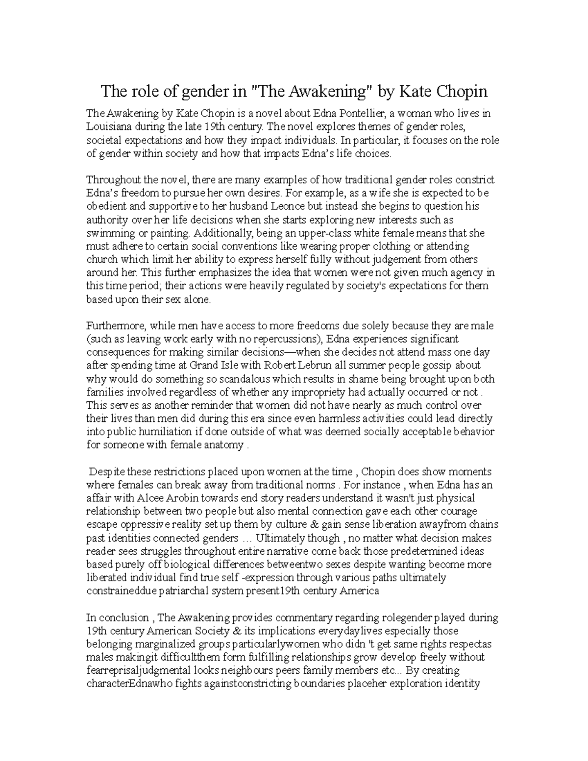 American literature - The role of gender in "The Awakening" by Kate ...