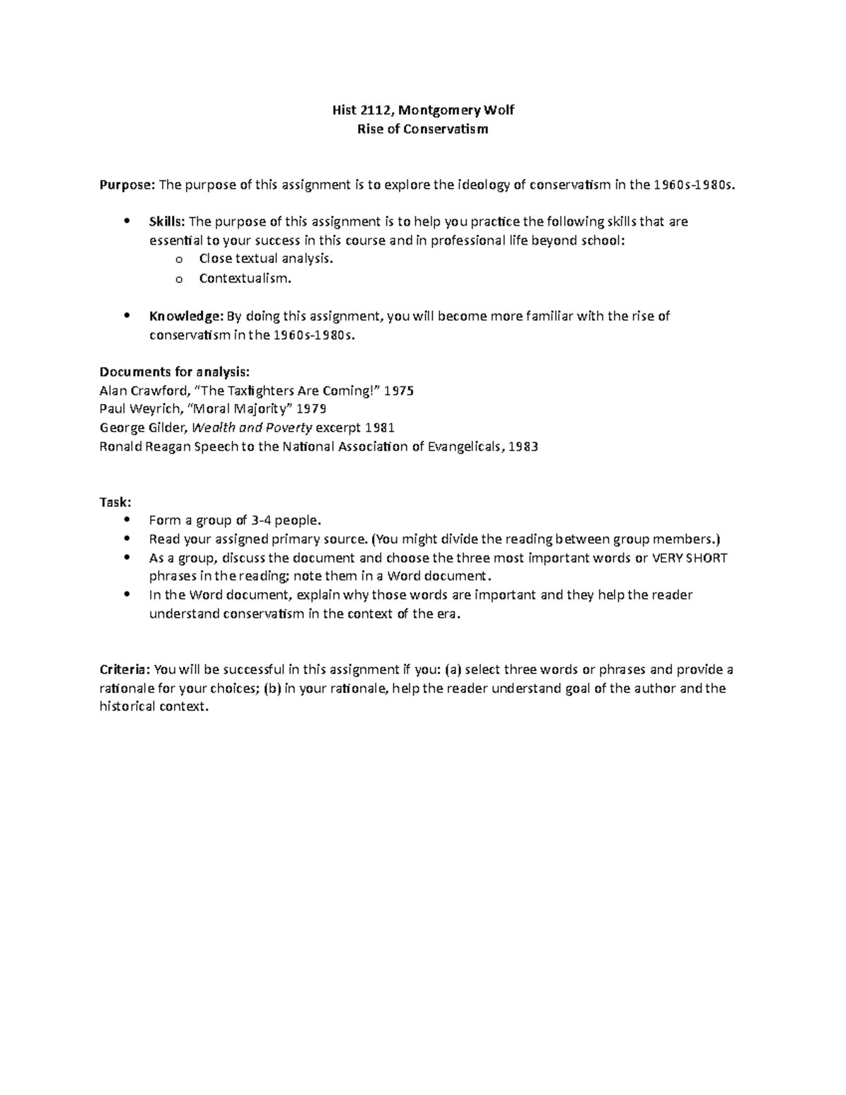 Rise of Conservatism TILT - Hist 2112, Montgomery Wolf Rise of ...