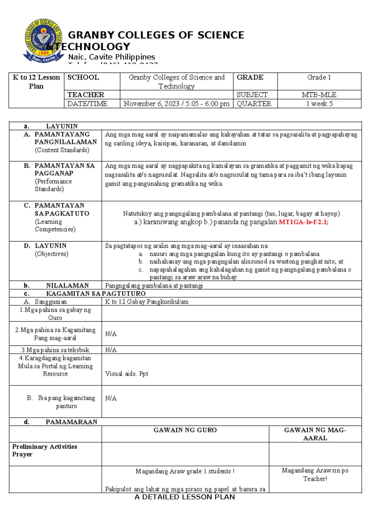 LP MTB-MLE - Beed - Granby Colleges of Science and GRADE Grade 1 Technology K to 12 Lesson ...