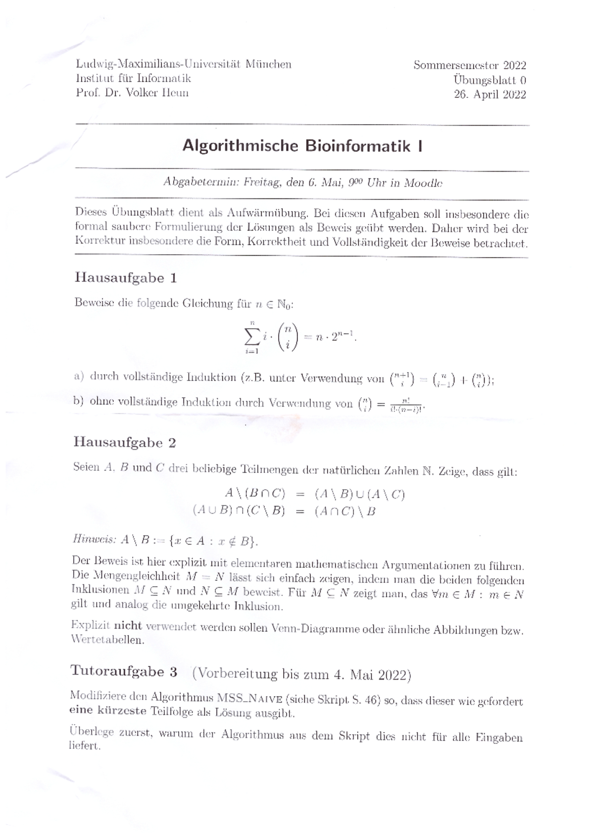 Agorithmische Bioinformatik 1 Übungsblatt 1 - Studocu