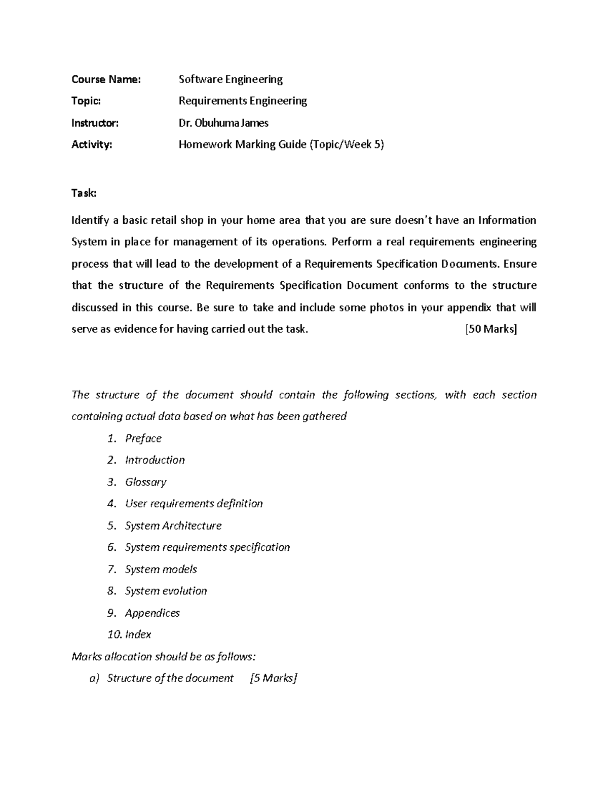 Software Engineering - Lecture 5 Homework Marking Guide - Course Name ...