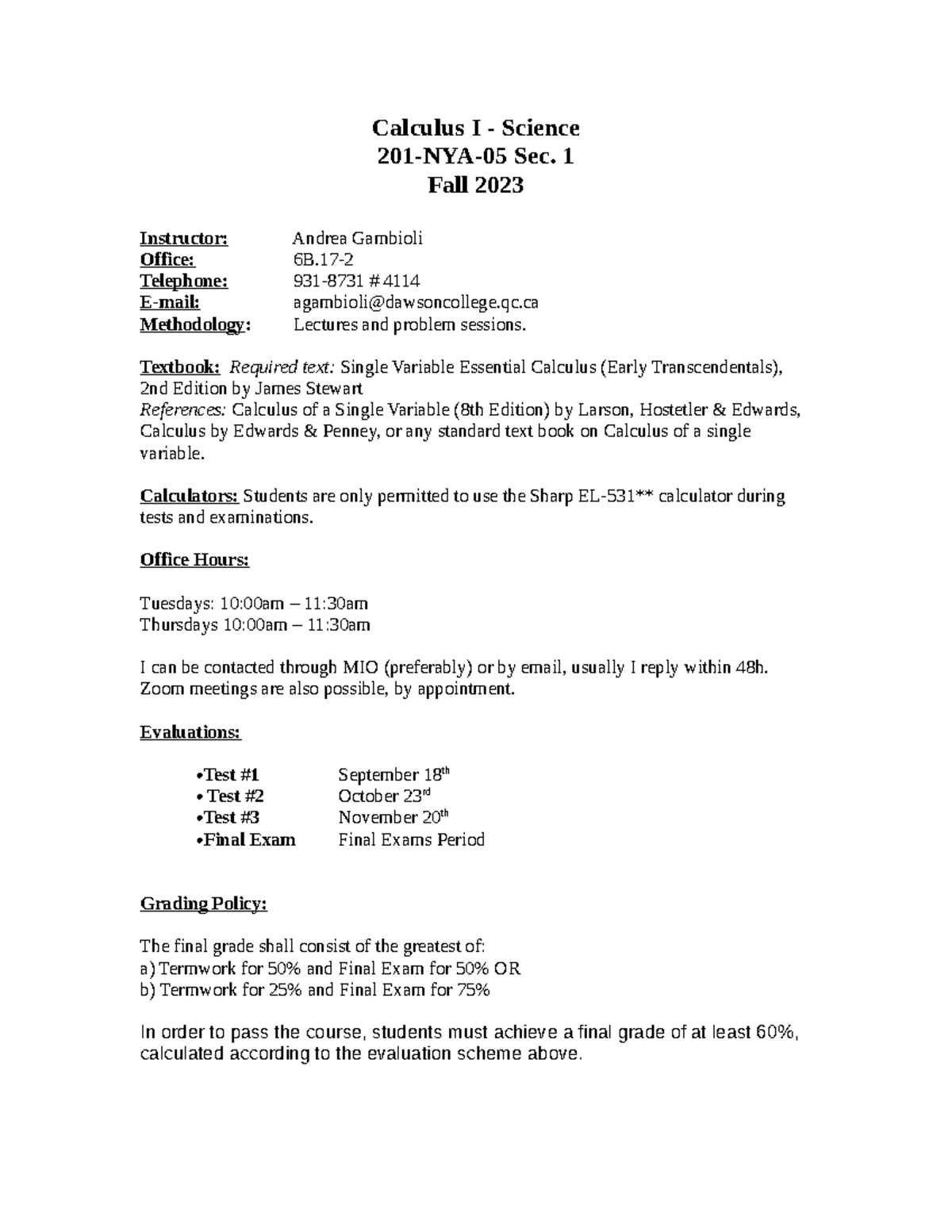 Course outline - Calculus I - Science 201-NYA-05 Sec. 1 Fall 2023 ...