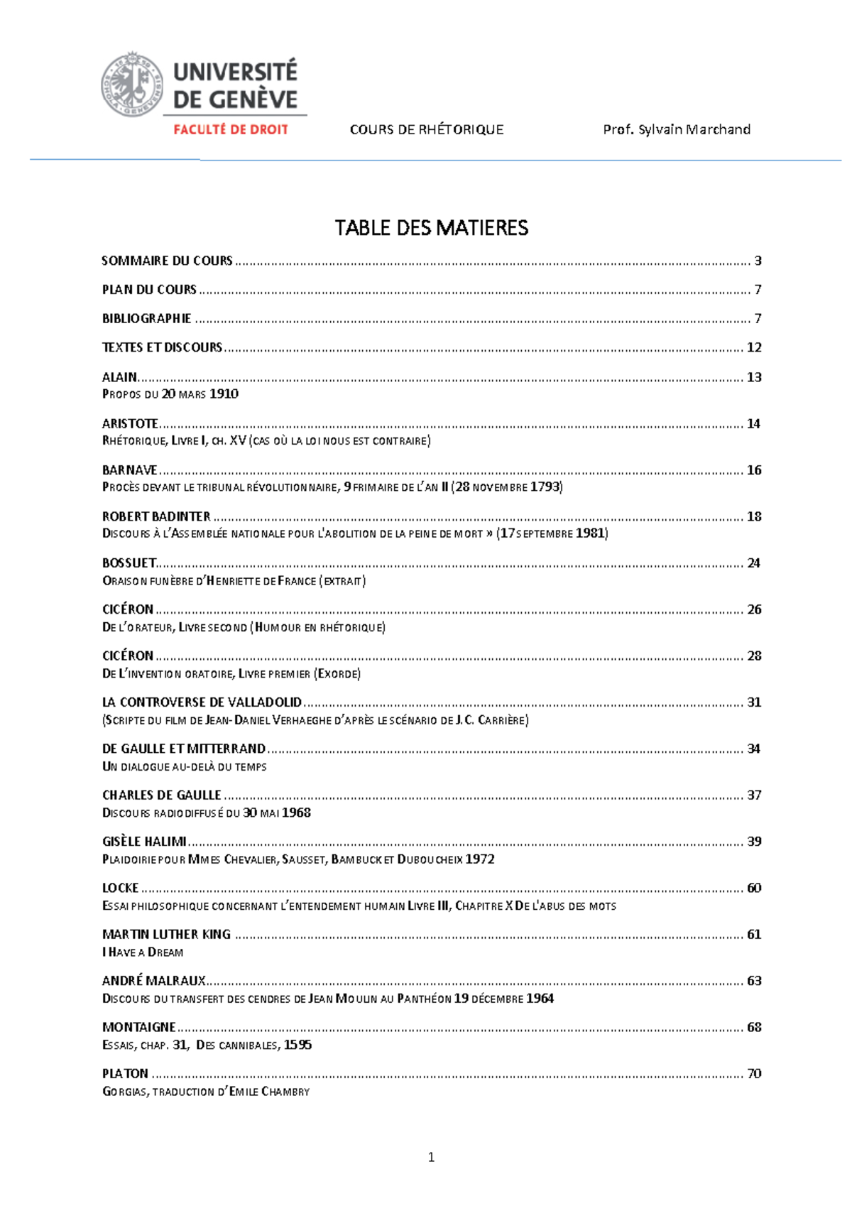 Recueil de textes - doc - TABLE DES MATIERES SOMMAIRE DU COURS - Studocu