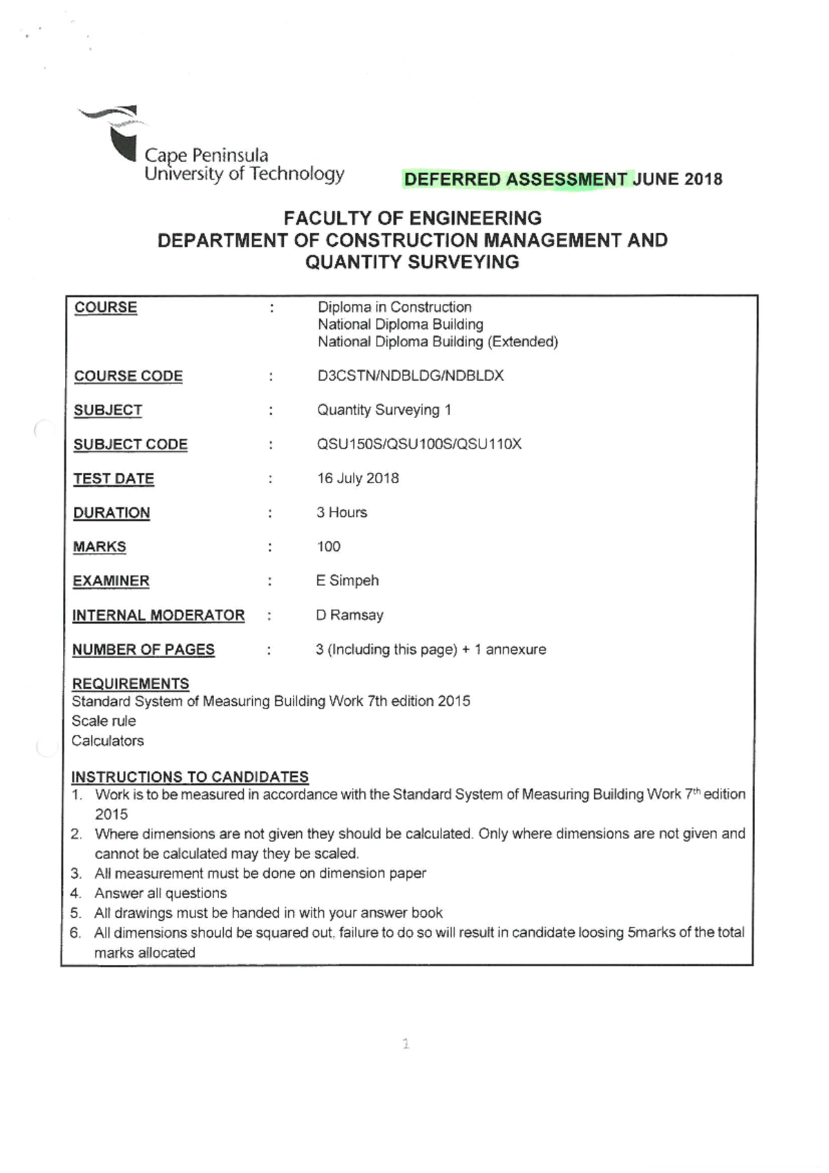 July 2018 - Question Paper - QSU260S - CPUT - Studocu