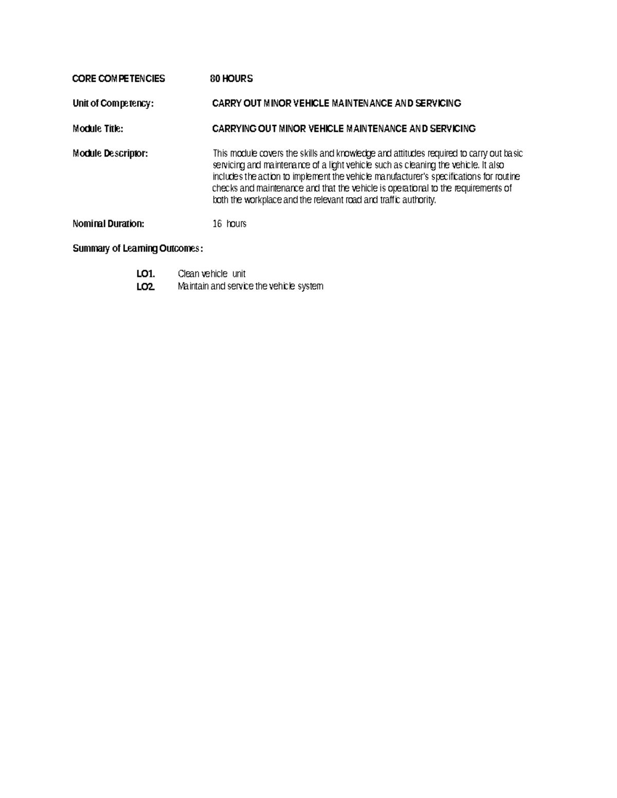 Driving NCII CORE 1 CBC - CBC - CORE COMPETENCIES 80 HOURS Unit of ...