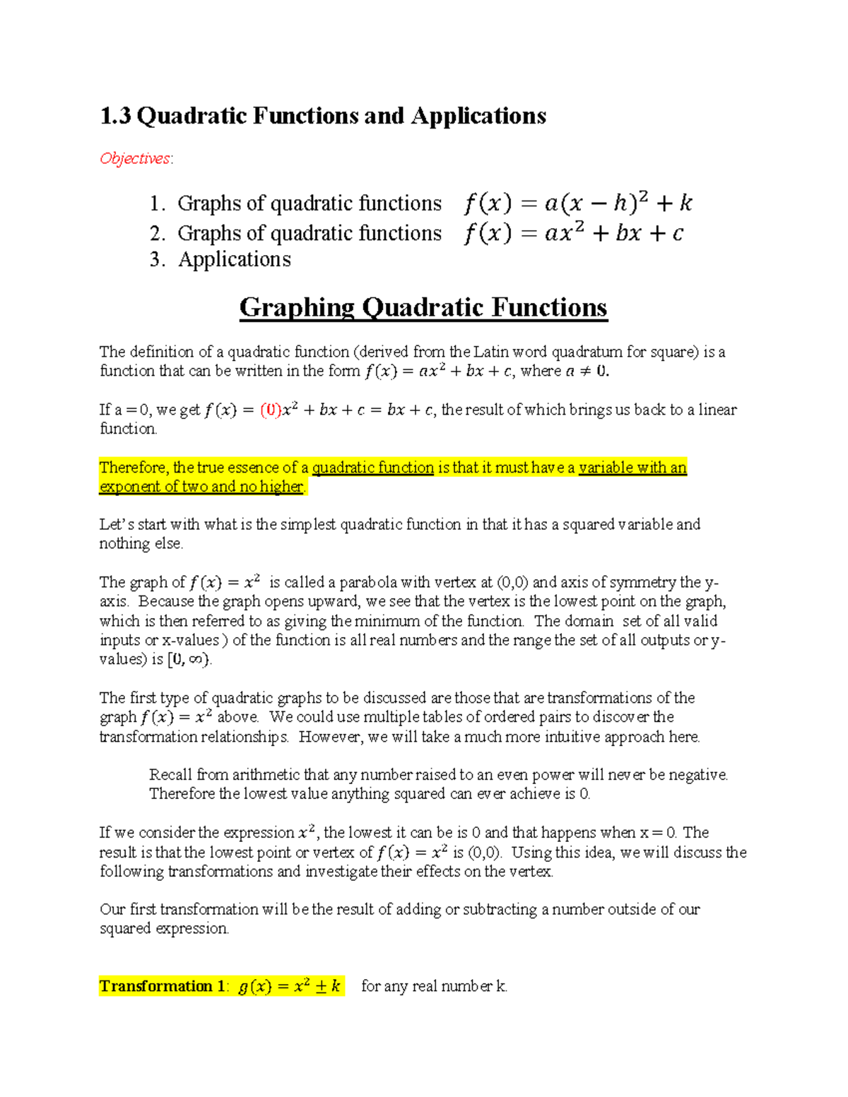 Section 1 - Lecture notes 2 - 1 Quadratic Functions and Applications ...