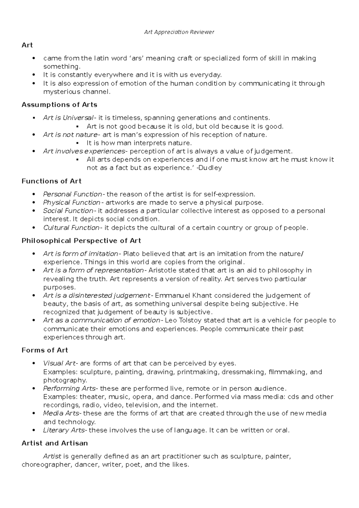 Art Appreciation Reviewer - Art Appreciation Reviewer Art came from the ...