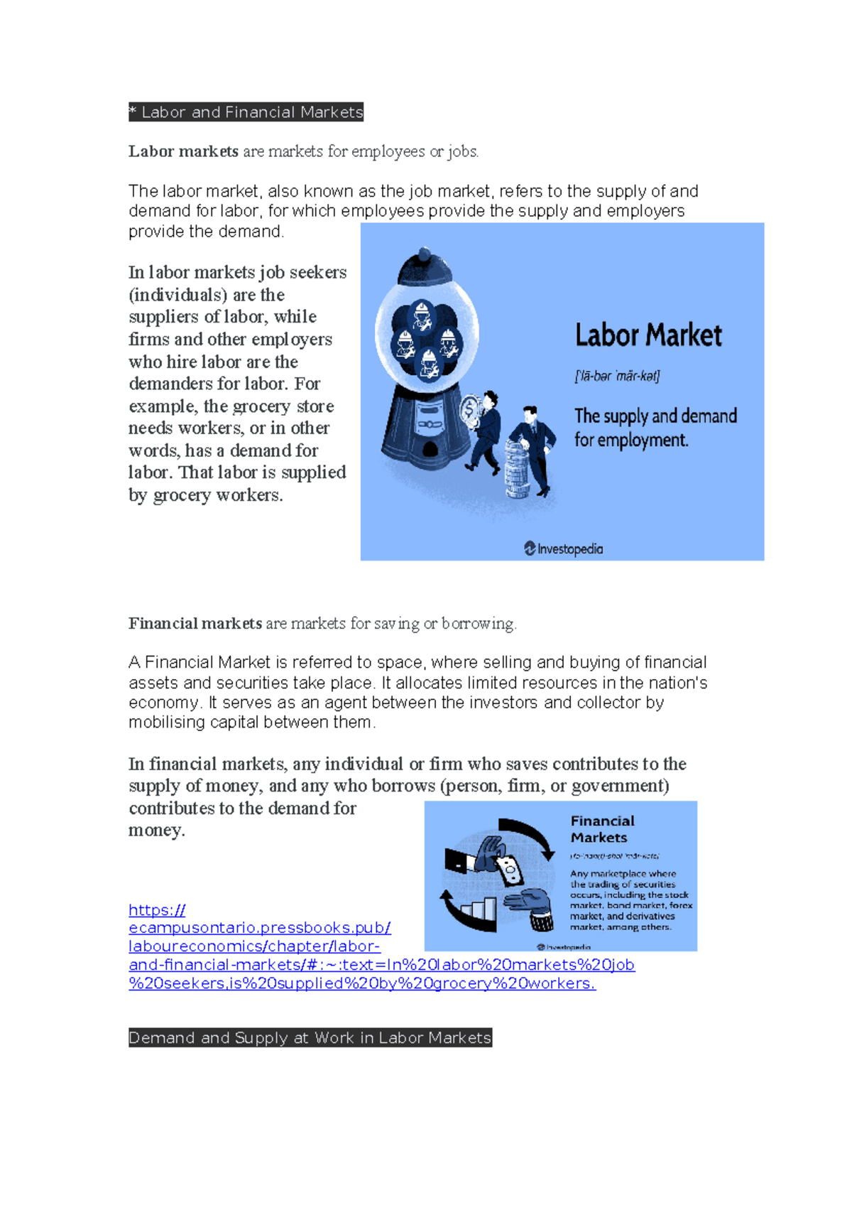 Labor and Financial Markets - * Labor and Financial Markets Labor ...