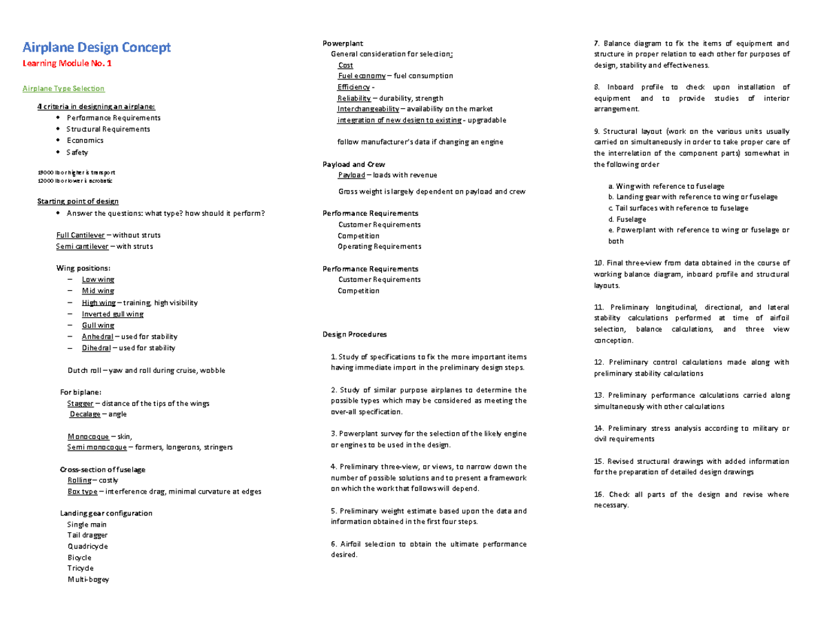 AC Design Module 1 Reviewer - Airplane Design Concept Learning Module ...