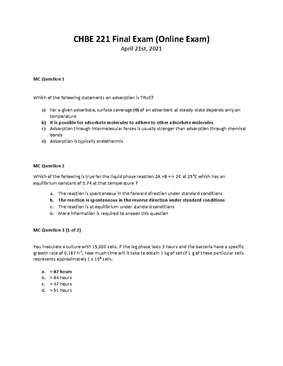 CHBE 221 Final Exam 2021 For posting - CHBE 221 Final Exam (Online Exam) April 21st, 2021 MC ...