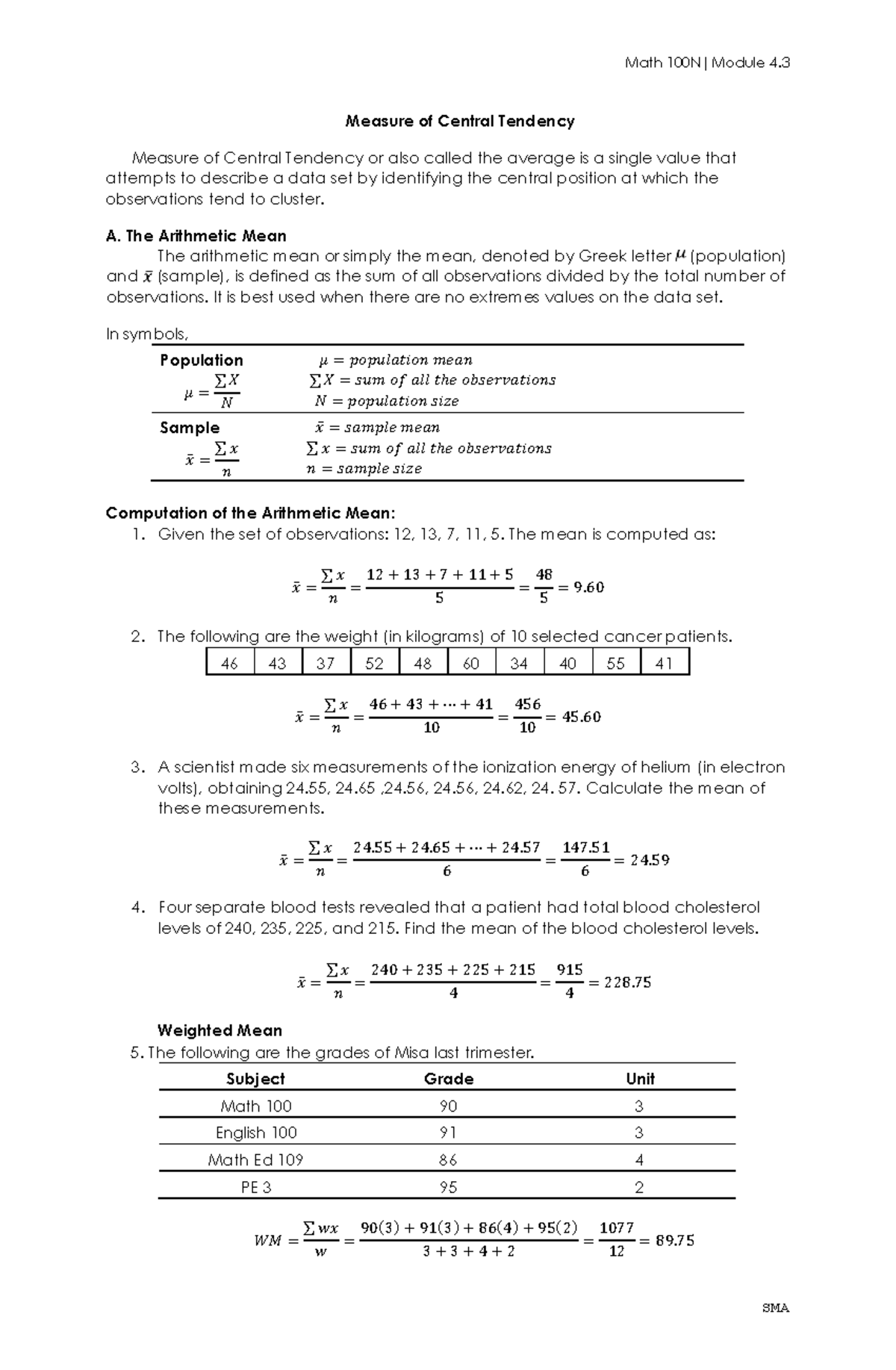 Descriptive Statistics Part 3 - Math 100N|Module 4. SMA Measure of ...