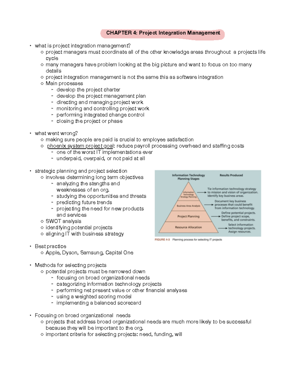 ISDS 351 (Chapter 4-7 notes) - CHAPTER 4: Project Integration ...