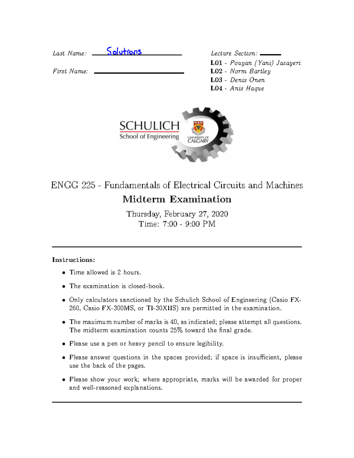 Midterm 2020 solutions - Last Name: Lecture Section: L01 - Pouyan (Yani ...