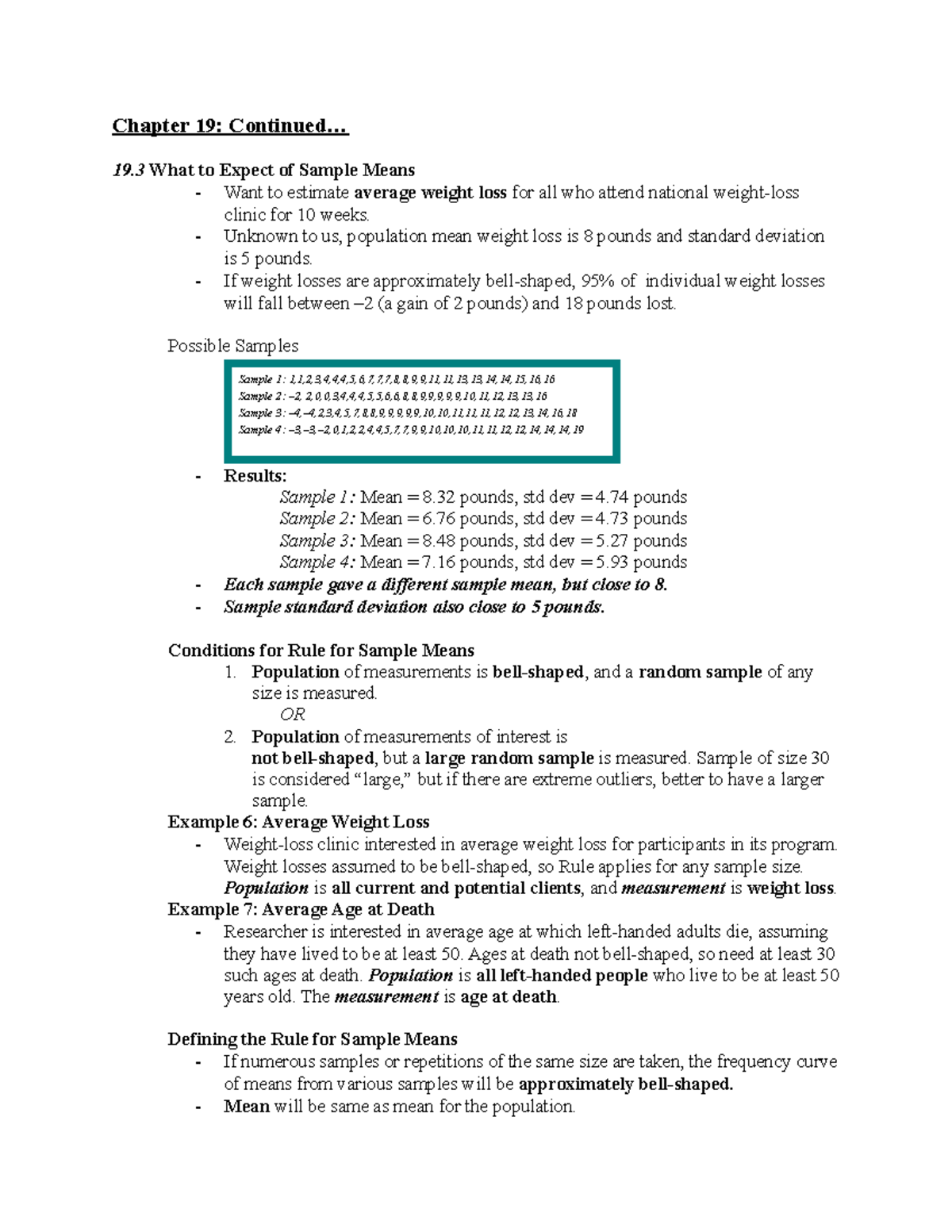 Stat 100 Notes 2 - Chapter 19: Continued... 19 What to Expect of Sample ...