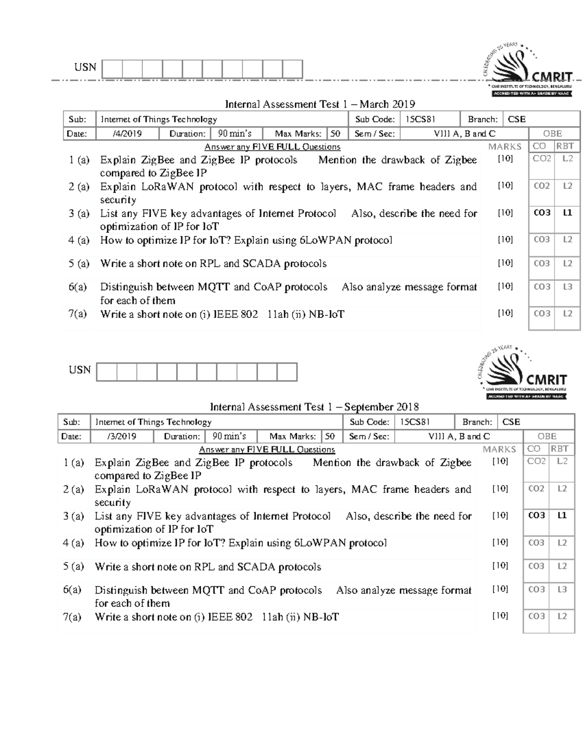 IAT-II Question Paper with Solution of 15CS81 Internet of Things ...