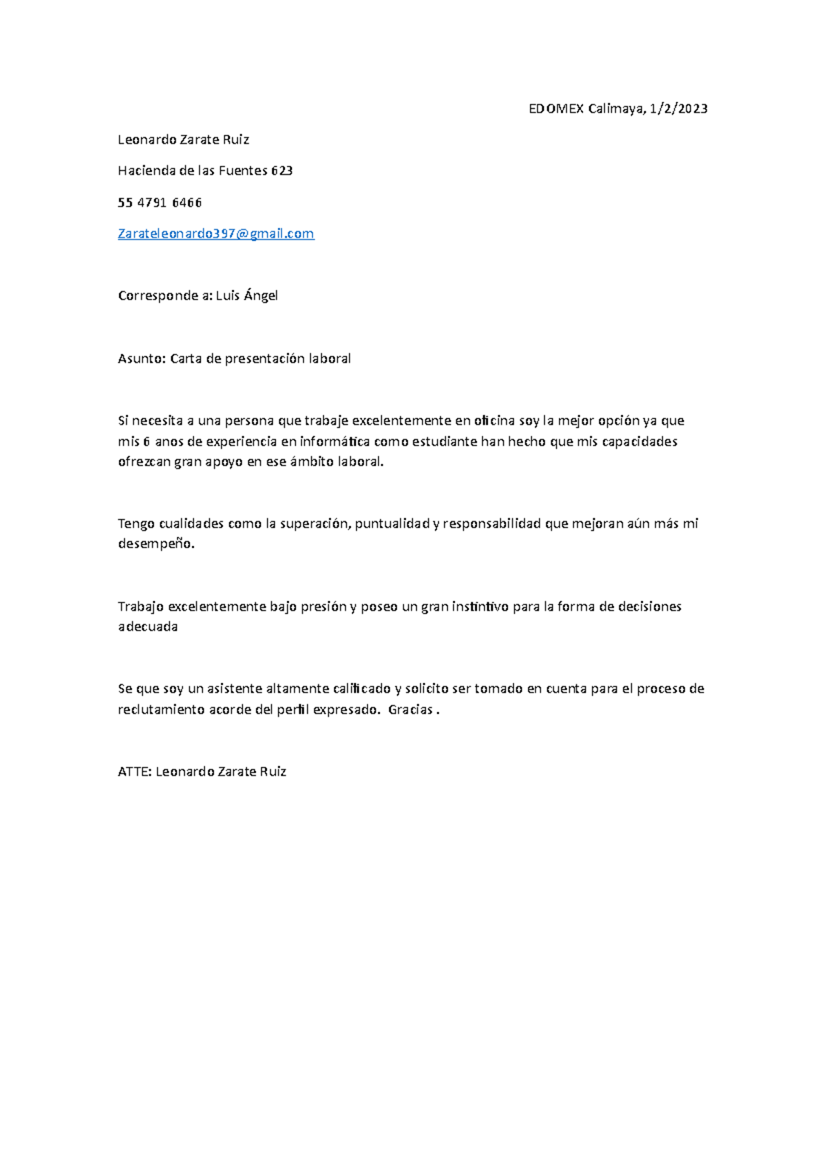 Carta de empleo 1 - Leonardo Zarate Ruiz EDOMEX Calimaya, 1/2/ Hacienda ...