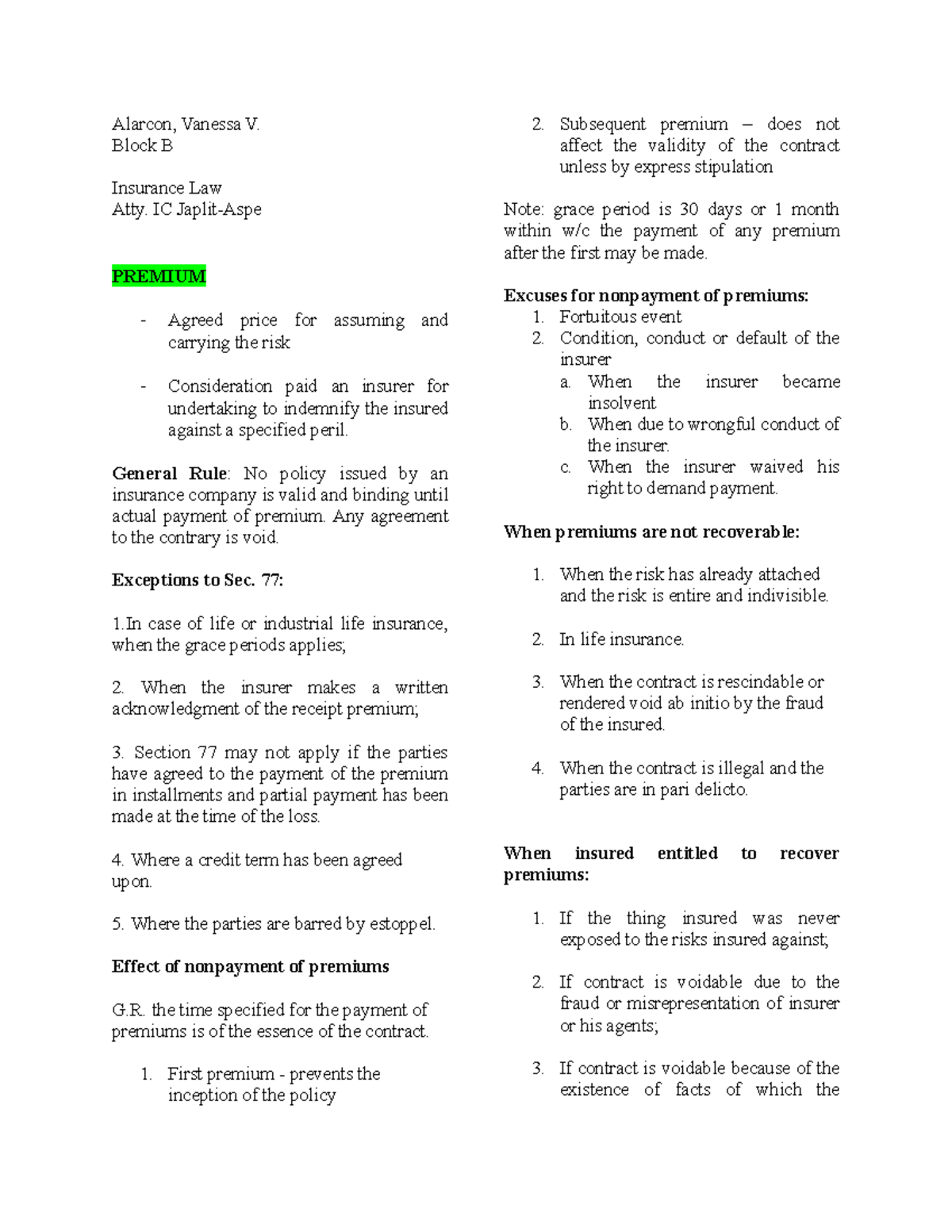 Reviewer (Insurance) - Alarcon, Vanessa V. Block B Insurance Law Atty ...