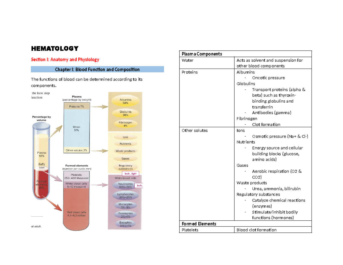 Hematology - Summary Nursing - HEMATOLOGY Section I: Anatomy and ...
