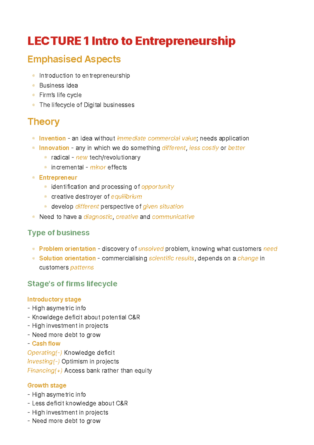 Lecture 1 Intro to Entrepreneurship - LECTURE 1 Intro to ...