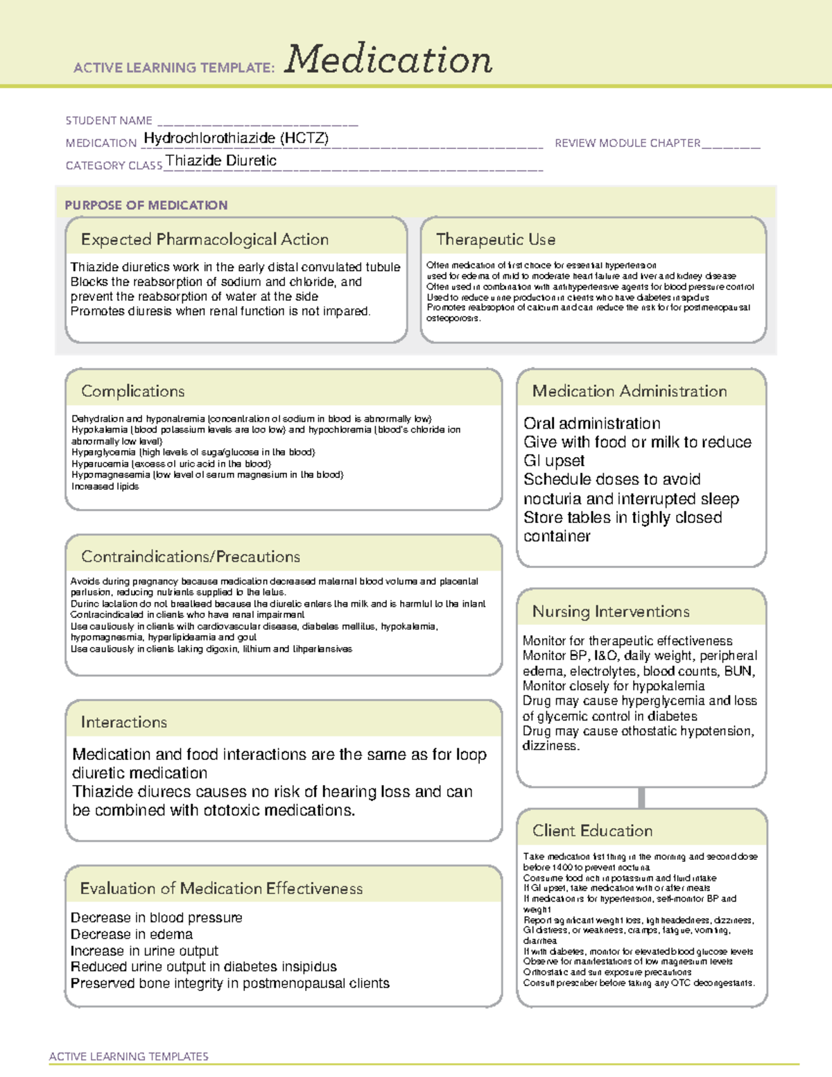 Hydrochlorothiazide - Hydrocholorothiazide ATI - ACTIVE LEARNING ...
