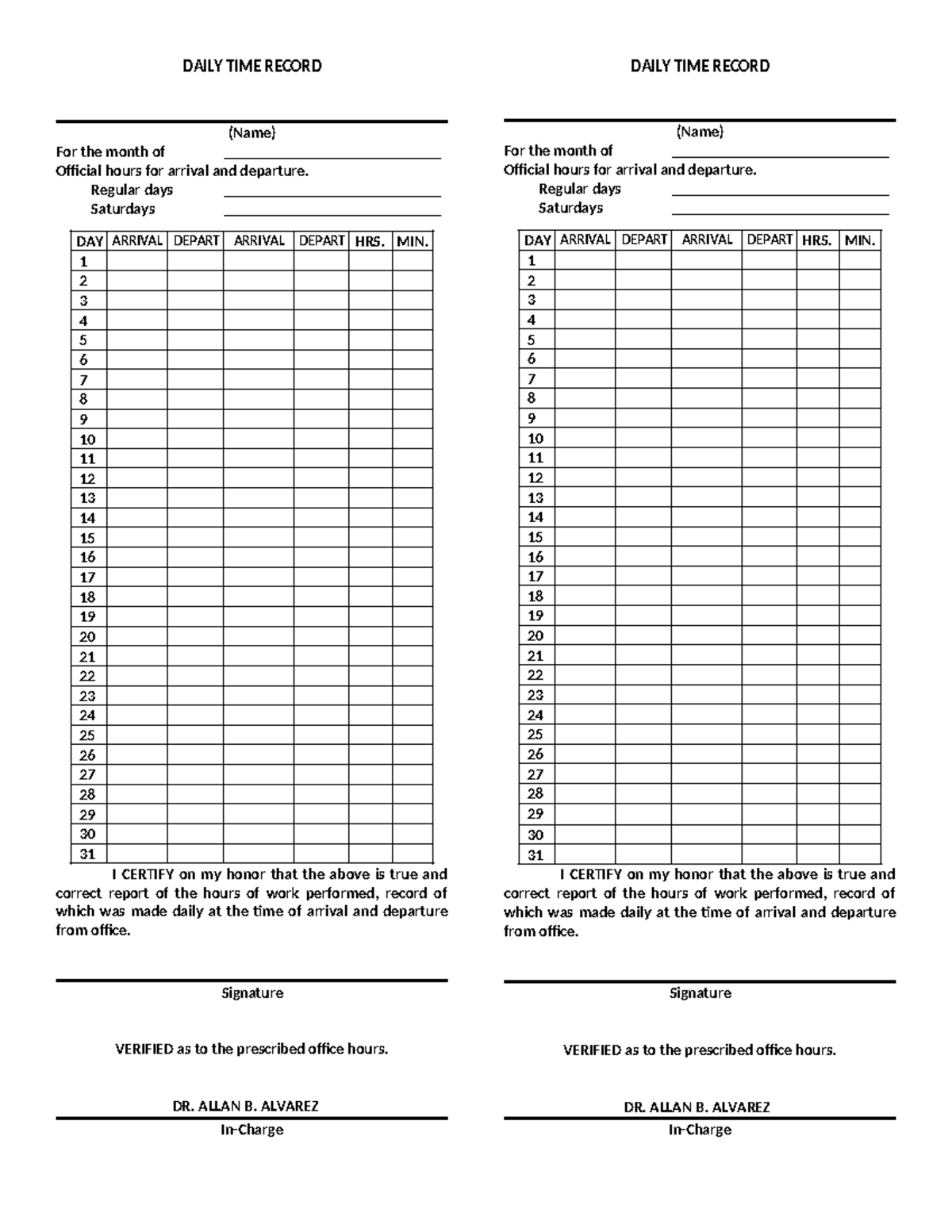 DTR - DTR - DAILY TIME RECORD (Name) For the month of ...