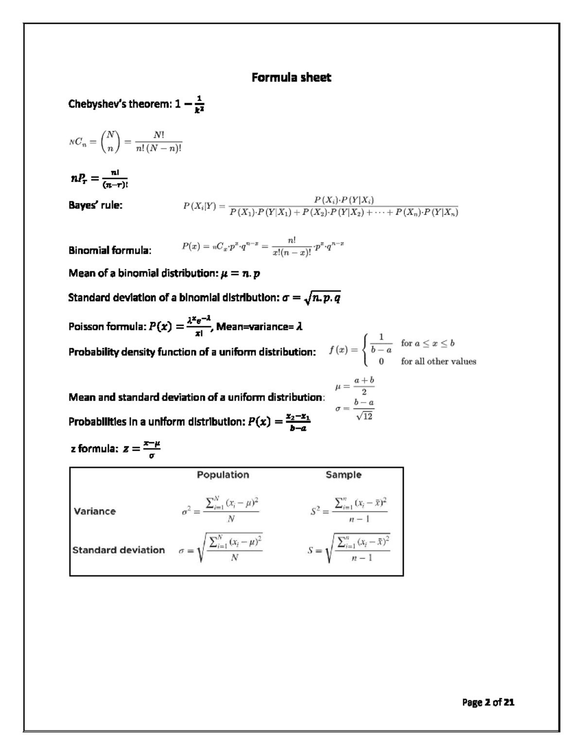 Formula Sheet for Binomial and Uniform Distributions - Formula sheet ...