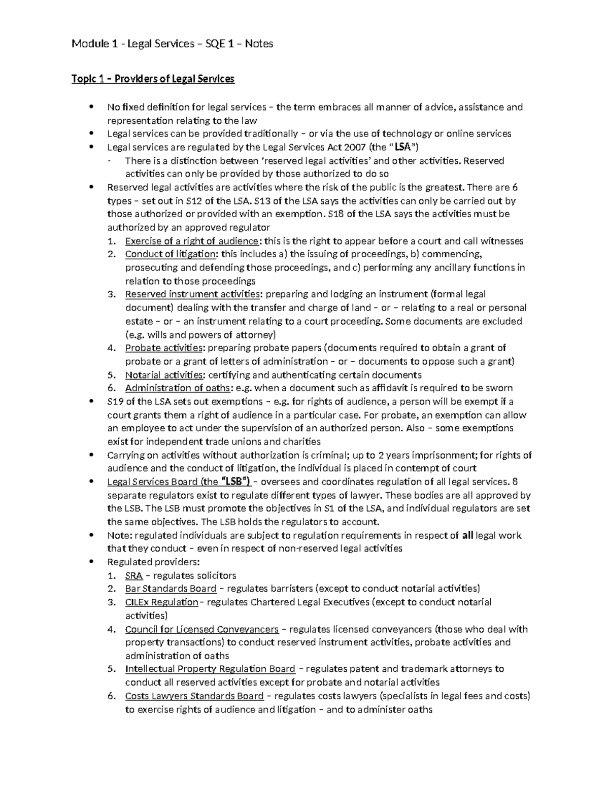 Legal Services Notes- Module 1- SQE 1 - Topic 1 – Providers of Legal ...