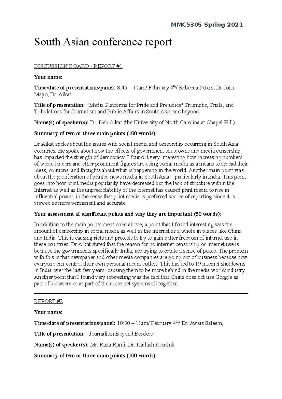 Reports for SAMC - South Asian conference report DISCUSSION BOARD ...