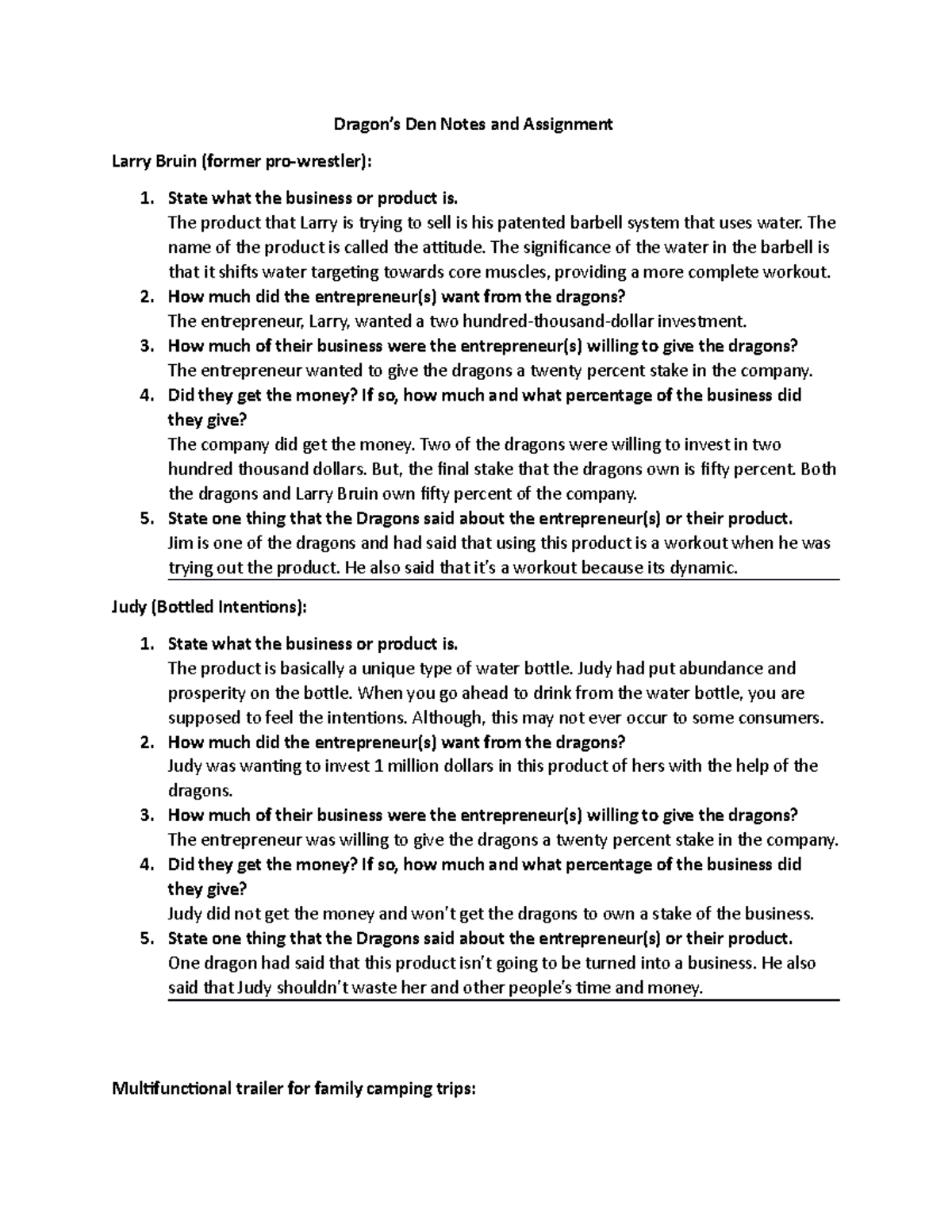 Dragon s Den - study guide - Dragon’s Den Notes and Assignment Larry ...