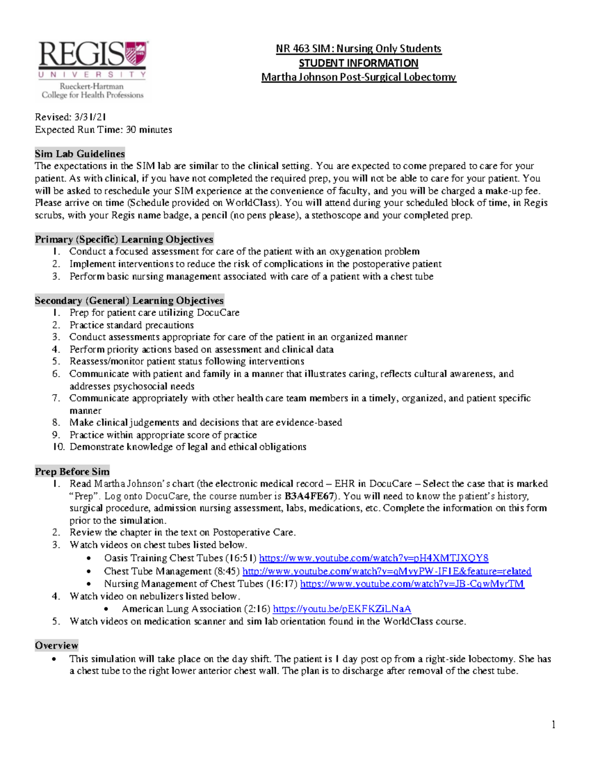 NR 463 Johnson Student Instructions - NR 463 SIM: Nursing Only Students ...