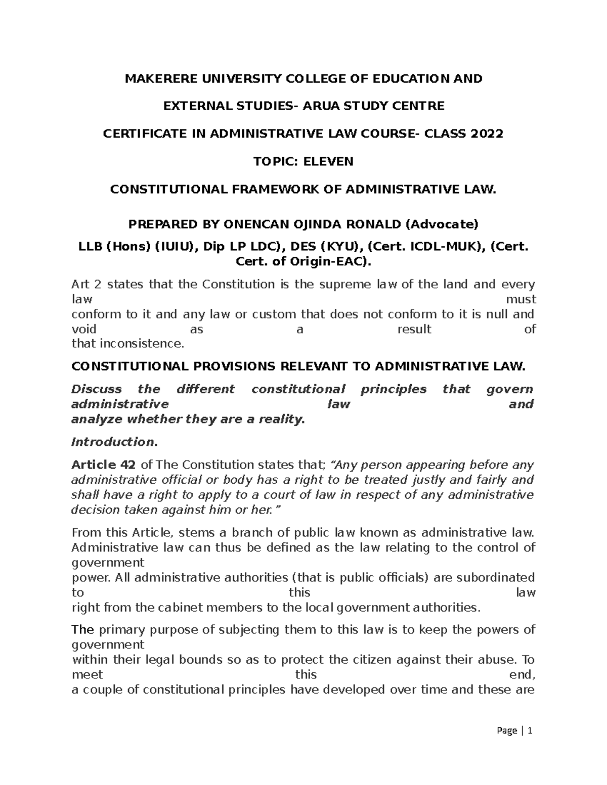 Topic 11 Constitutional Framework OF Admin - MAKERERE UNIVERSITY COLLEGE OF EDUCATION AND ...