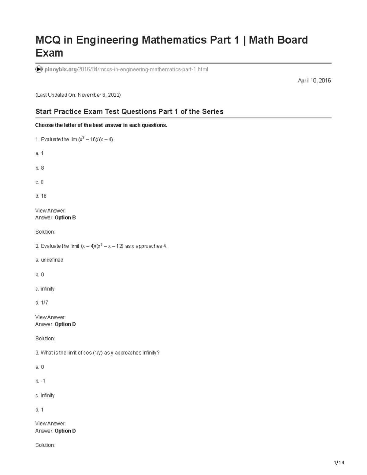 Mathematics Part 1 Math Board Exam - April 10, 2016 MCQ in Engineering ...