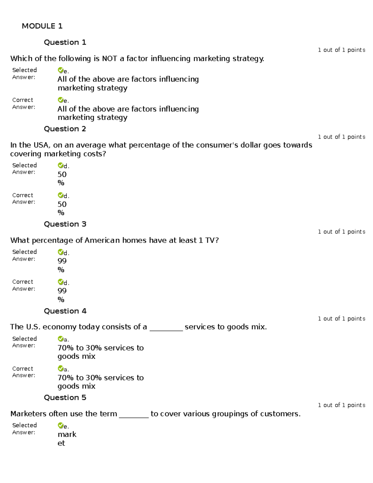 Marketing Module Quizzes (Chapters 1-7) - MODULE 1 Question 1 1 out of ...